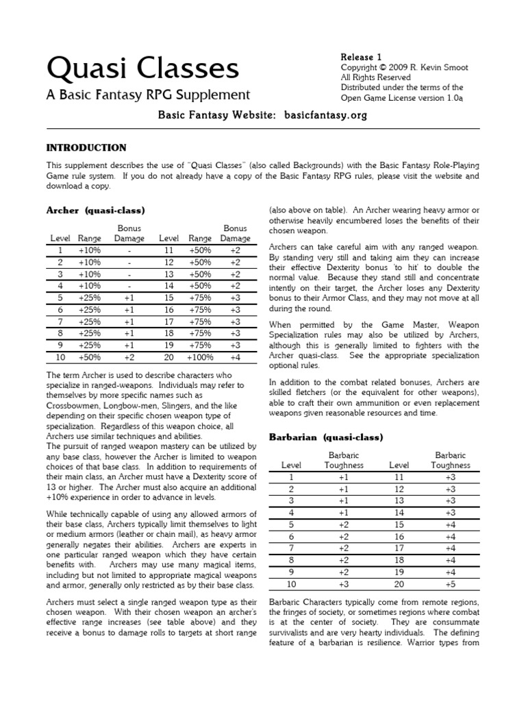 Basic Fantasy Quasi Classes | PDF