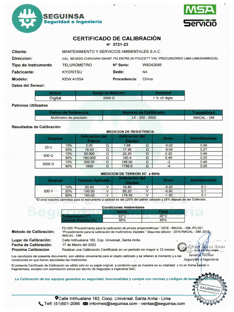 Cert. Calibracion N°3721-23 Telurometro Kyoritsu Kew 4105a | PDF