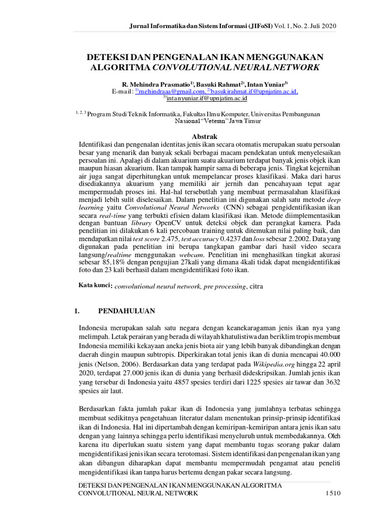 Deteksi Dan Pengenalan Ikan Menggunakan Algoritma Convolutional Neural Network | PDF