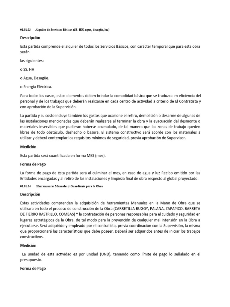 Descripción: 01.01.03 Alquiler de Servicios Básicos (SS. HH, Agua, Desagüe, Luz) | PDF