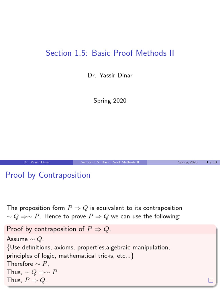 Section 1.5: Basic Proof Methods II: Dr. Yassir Dinar | Download Free PDF | Mathematical Proof ...