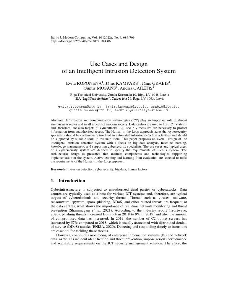 Use Cases And Design Of An Intelligent Intrusion Detection Systembaltic