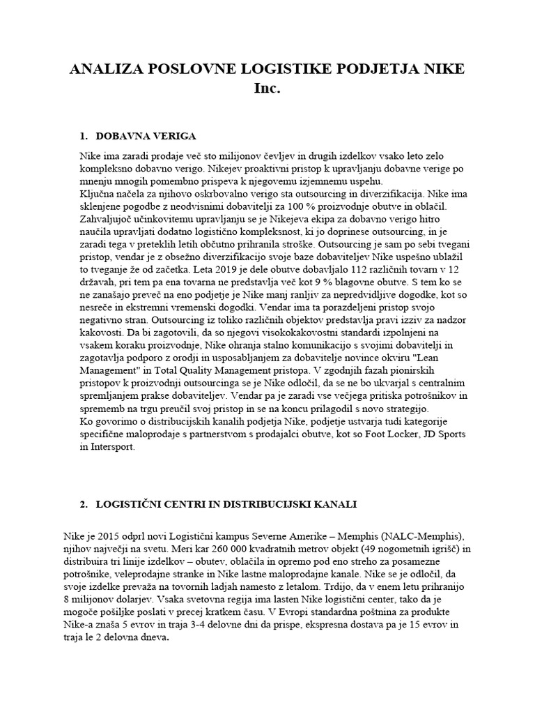 ANALIZA POSLOVNE LOGISTIKE PODJETJA NIKE Inc | PDF