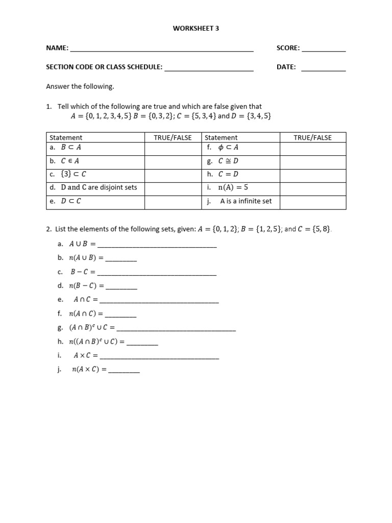 Math Set Theory Worksheet | PDF | Teaching Methods & Materials