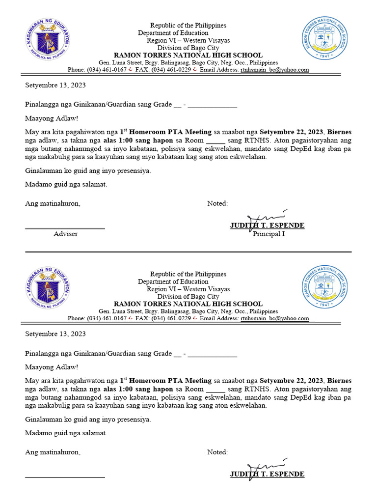 Letter PTA Meeting | PDF