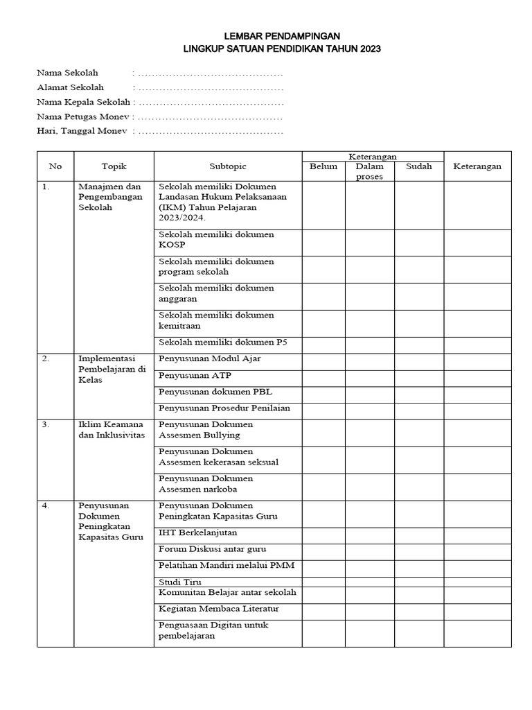 Lembar Pendampingan Pada Satuan Pendidikan 2023 | PDF