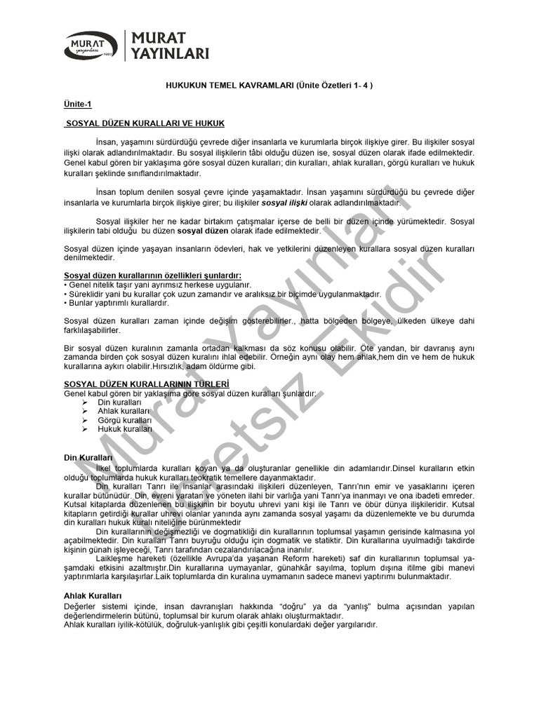 Yay Inlar I Ekidir: HUKUKUN TEMEL KAVRAMLARI (Ünite Özetleri 1-4) Ünite-1 Sosyal Düzen Kurallari ...