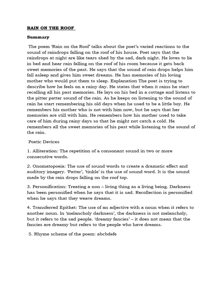 Summary of "Rain on the Roof" Poem | PDF | Poetry