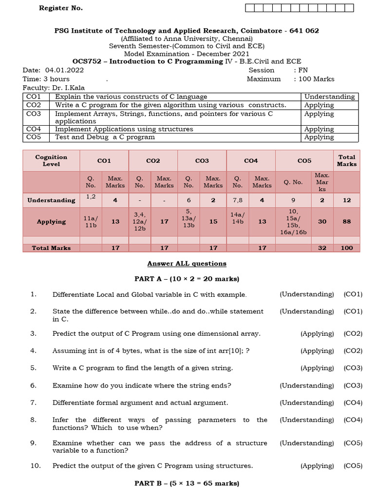 C Programming Model Exam December 2021 | PDF | Computers