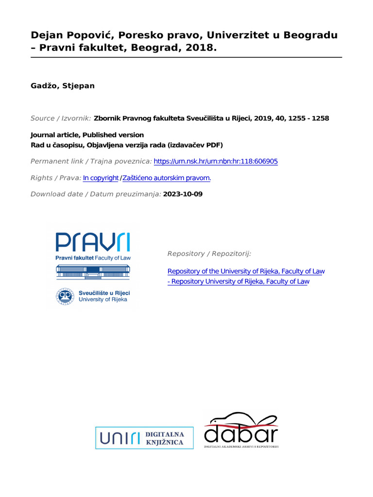 Dejan Popovic Poresko Pravo | PDF