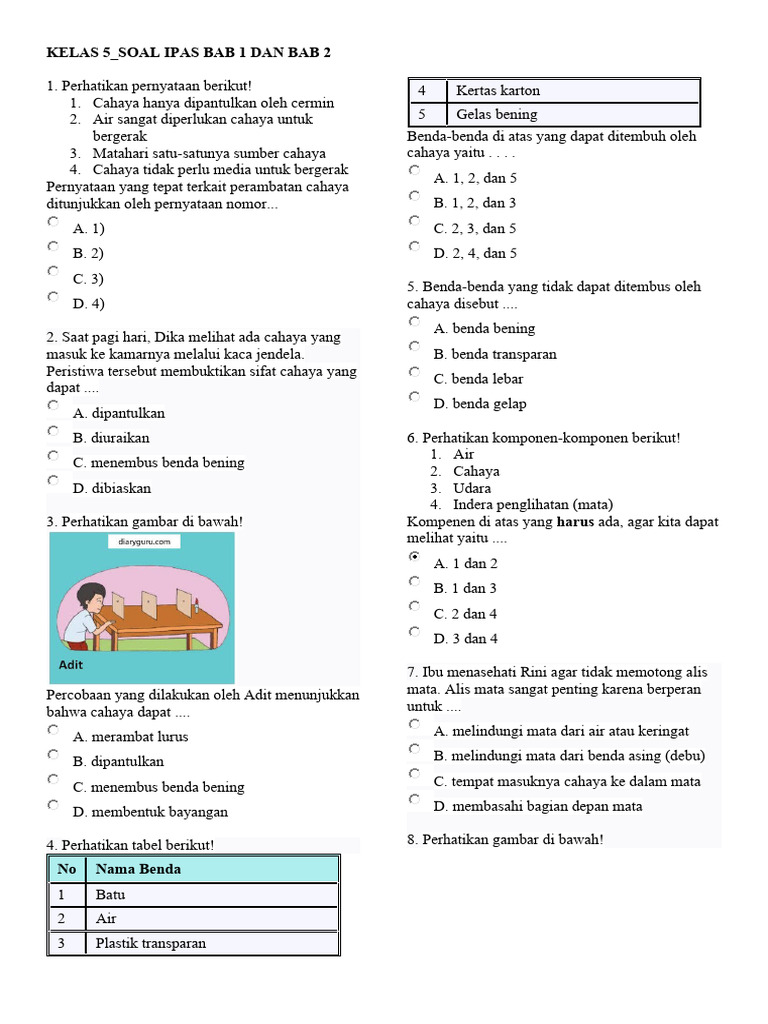 KELAS 5 - SOAL IPAS BAB 1 DAN BAB 2 (Selasa, 3 Okt 2023) | PDF