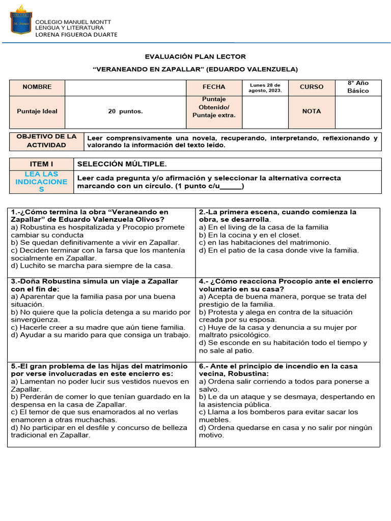 Prueba N°5 Plan Lector Veraneando en Zapallar 8° Básico | PDF