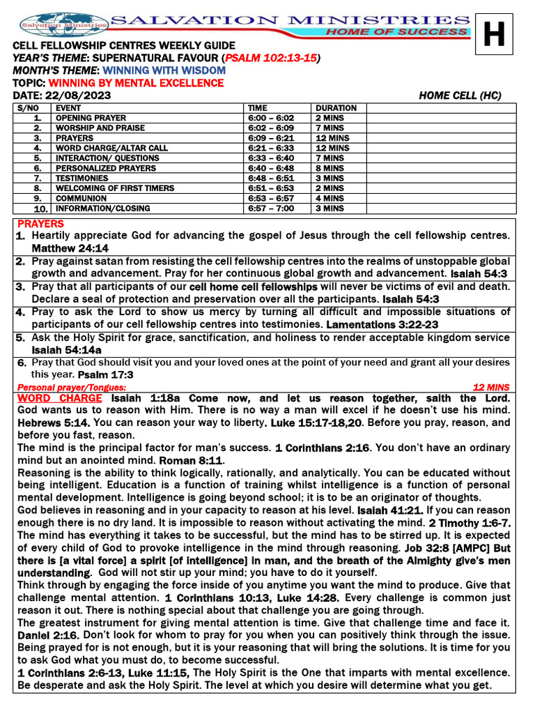 22nd August 23 Cell Fellowship Centres Weekly Guide - H | PDF | Prayer ...