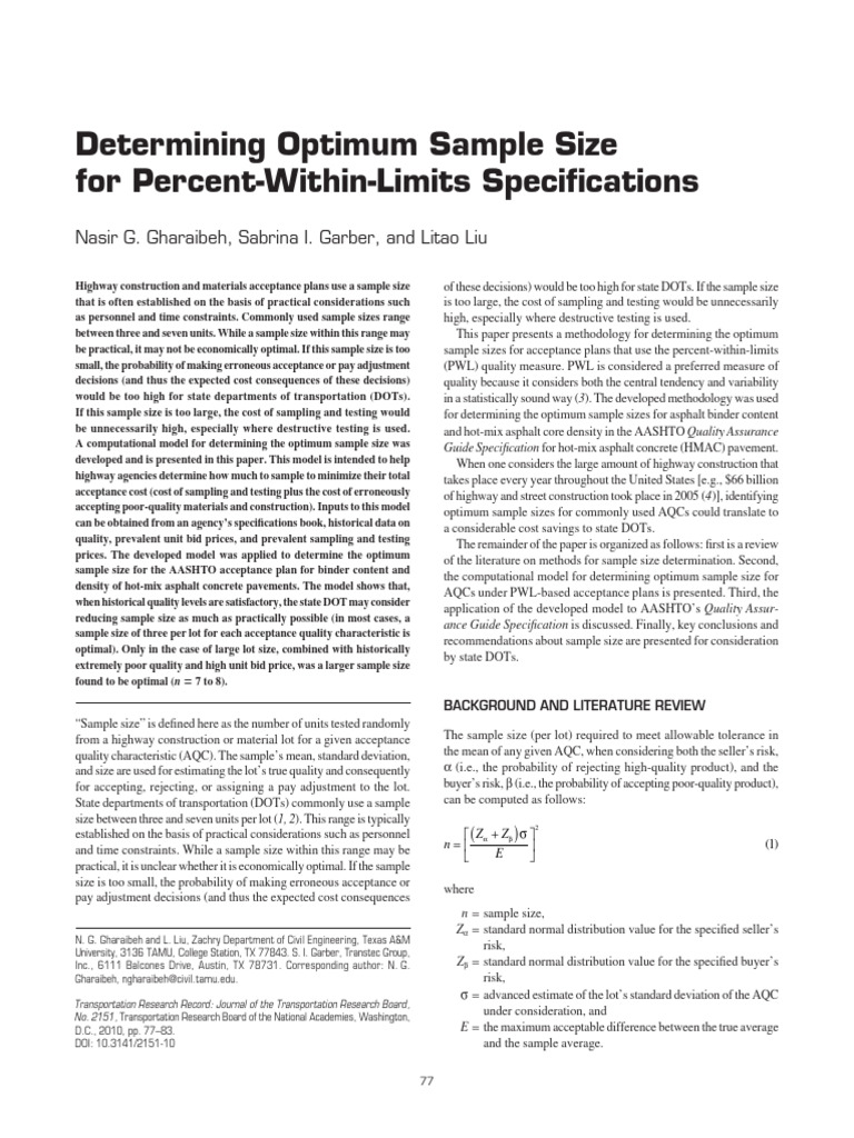 TRB Gharaibeh Garber Liu 2010 - Determining Optimum Sample Size Percent ...