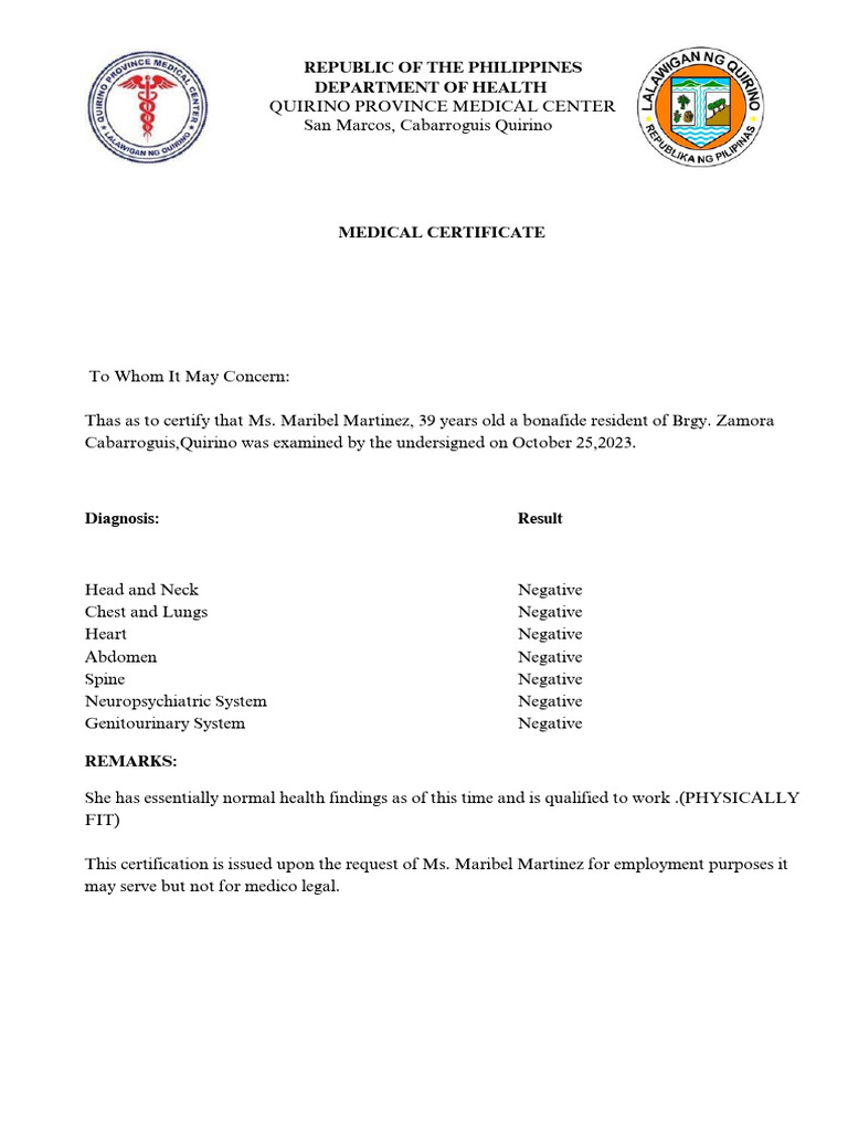 Medical Certificate | PDF