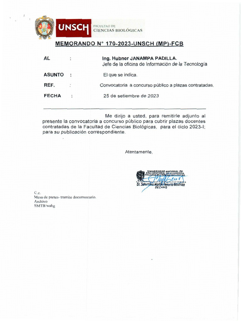 MEMO. No 170 2023 UNSCH FCB OTI | PDF | Biólogo | Microbiología