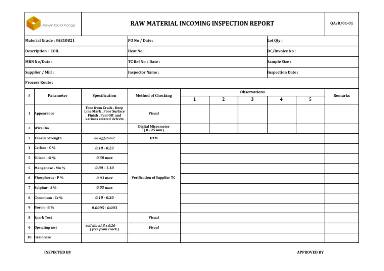 Raw Material Incoming Inspection Report: 0.18 - 0.23 0.30 Max 0.80 - 1. ...
