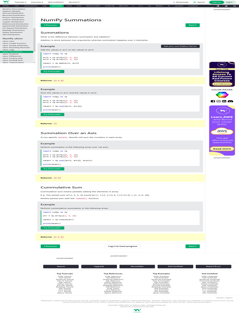 NumPy Ufuncs - Summations | PDF | Java Script | Bootstrap (Front End Framework)