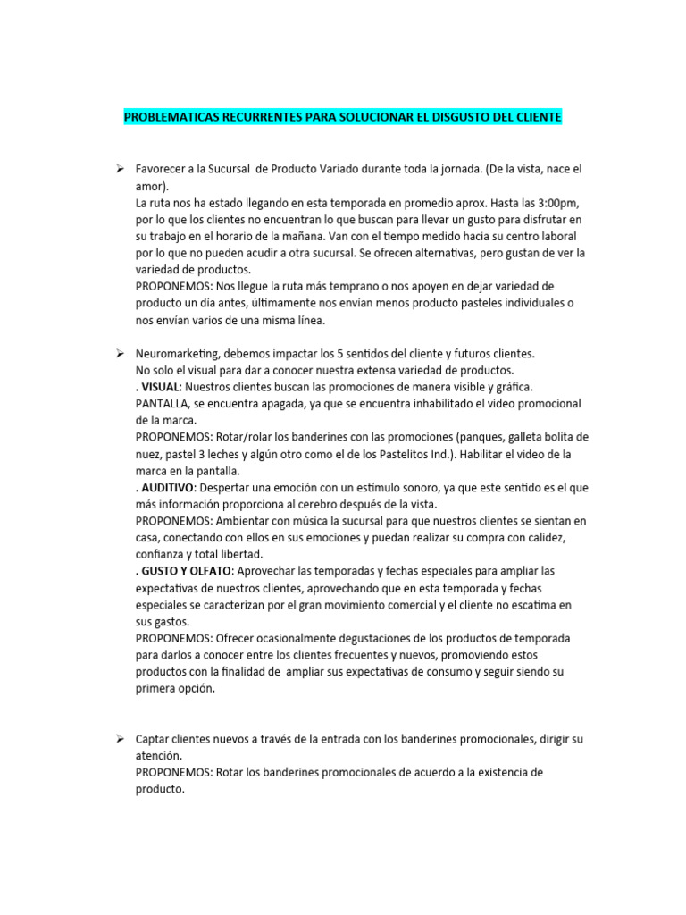 Problematicas Recurrentes para Solucionar El Disgusto Del Cliente | PDF