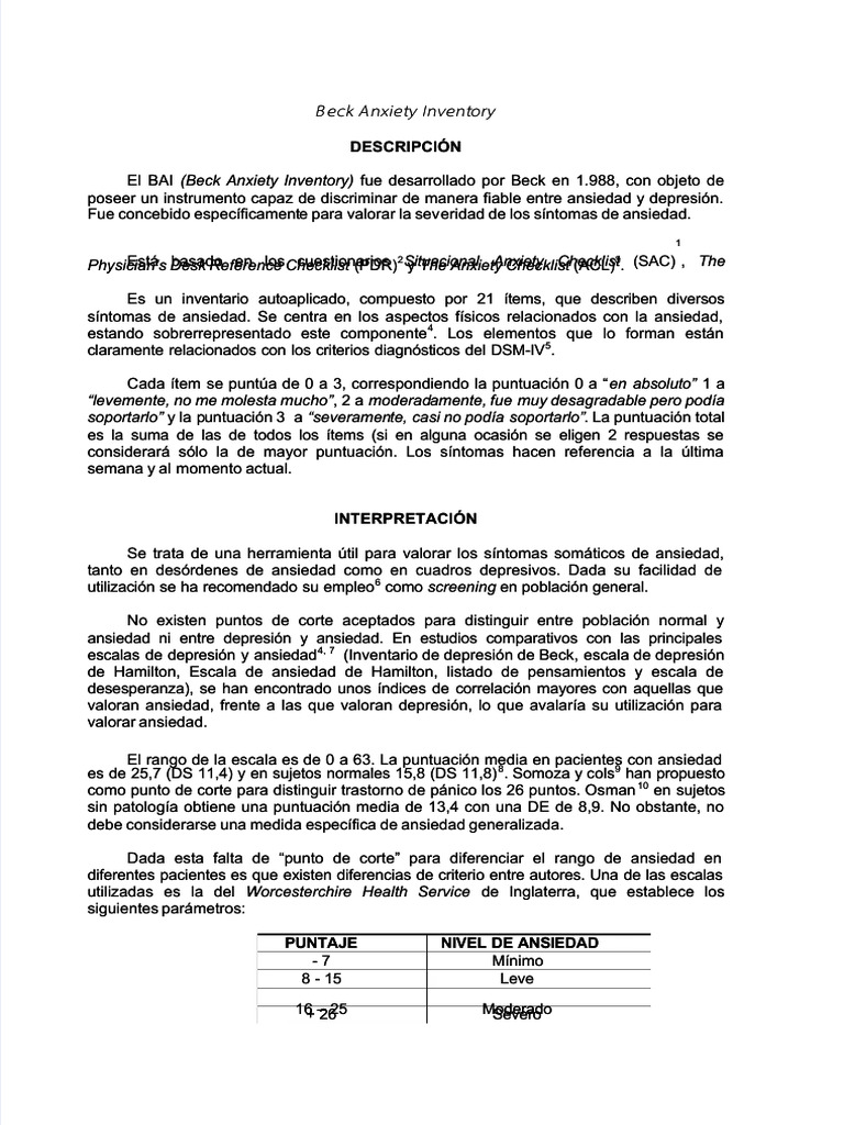 PDF Inventario de Ansiedad de Beck Instrucciones de Correccion ...