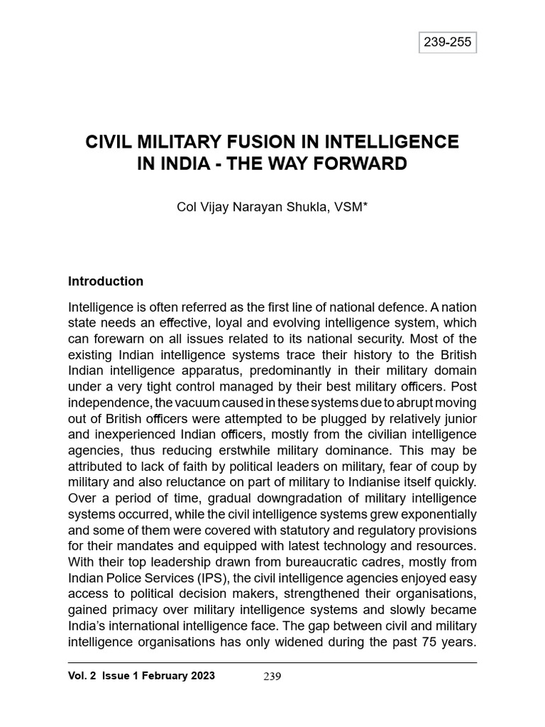 Civil Military Fusion in Intelligence in India The Way Forward by Col ...
