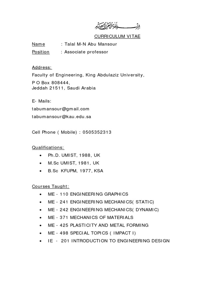 CV Talal+Abu+Mansour | PDF | Saudi Arabia | Materials Science