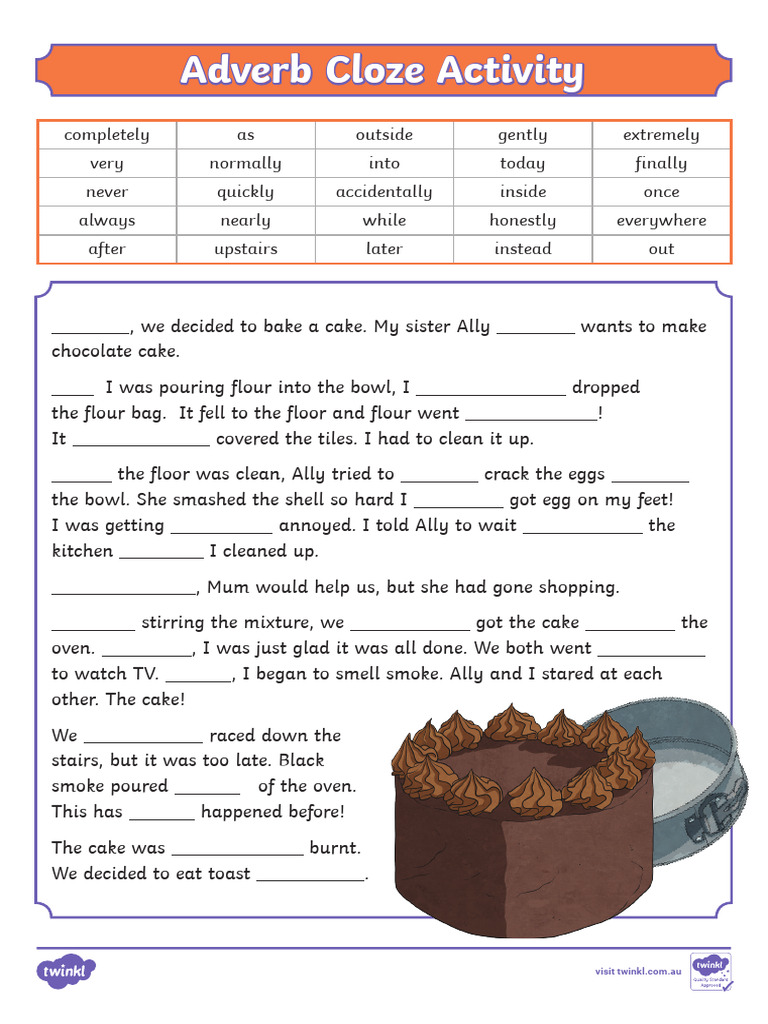 Au l 1655165207 Adverb Cloze Worksheet Ver 2 | PDF | Cakes | Food And Drink