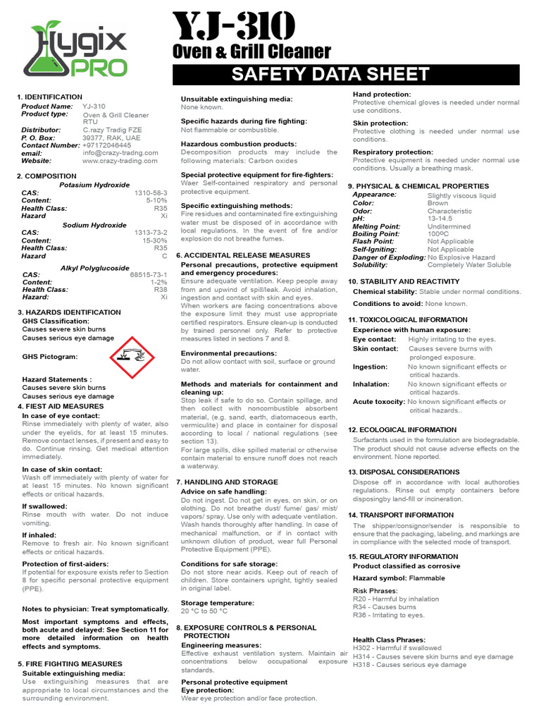 YJ-310 Oven & Grill Cleaner Safety Data | PDF
