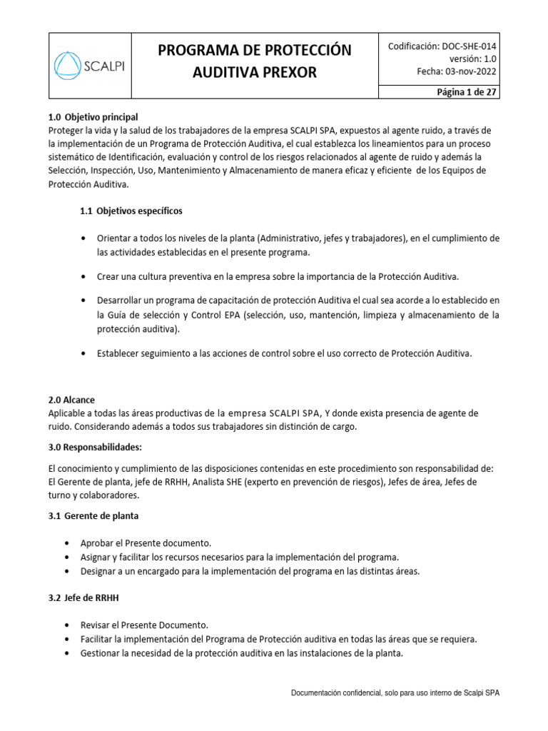 DOC-SHE-014 V1.0 Programa de Protección Auditiva PREXOR | PDF