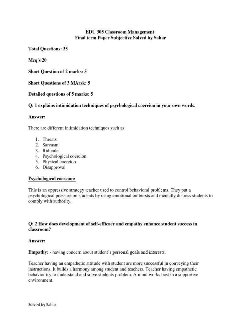 Edu305 Final Term Papers | PDF | Classroom Management | Teachers