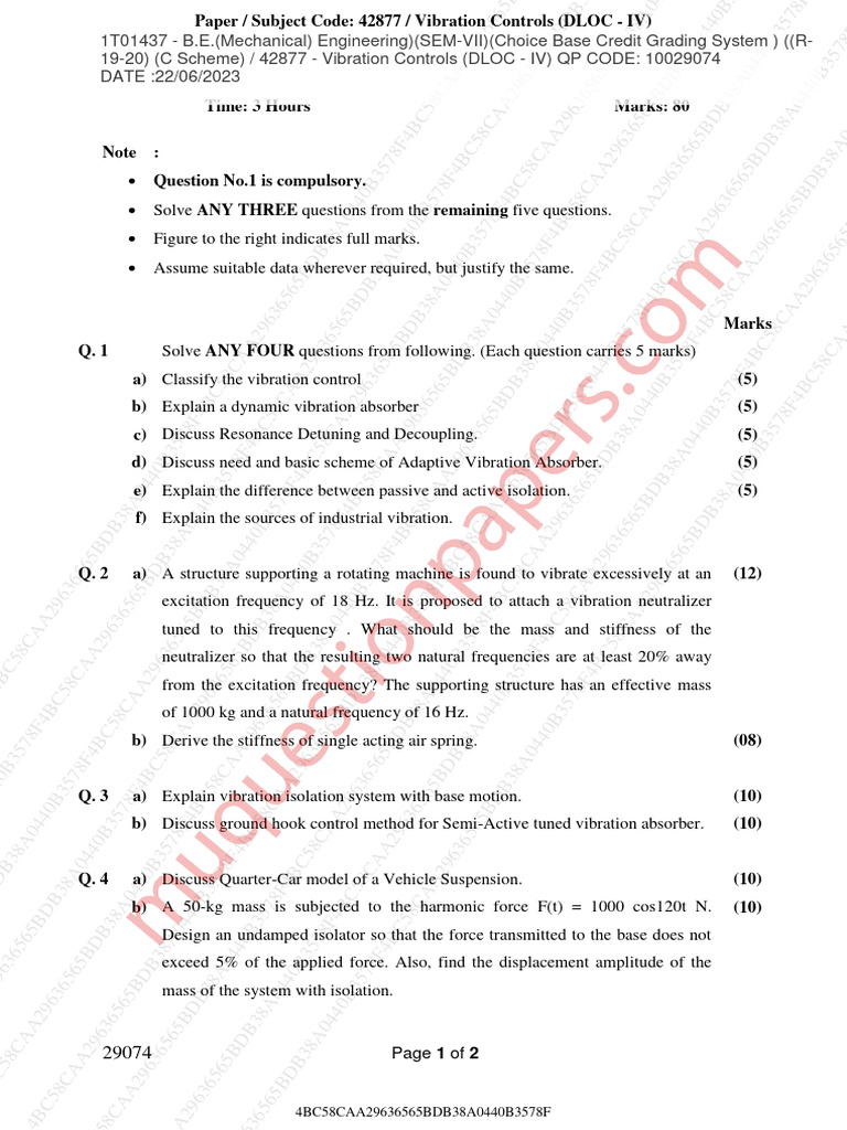 Be - Mechanical Engineering - Semester 7 - 2023 - May - Dloc IV Vibration Controls Rev 2019 C ...