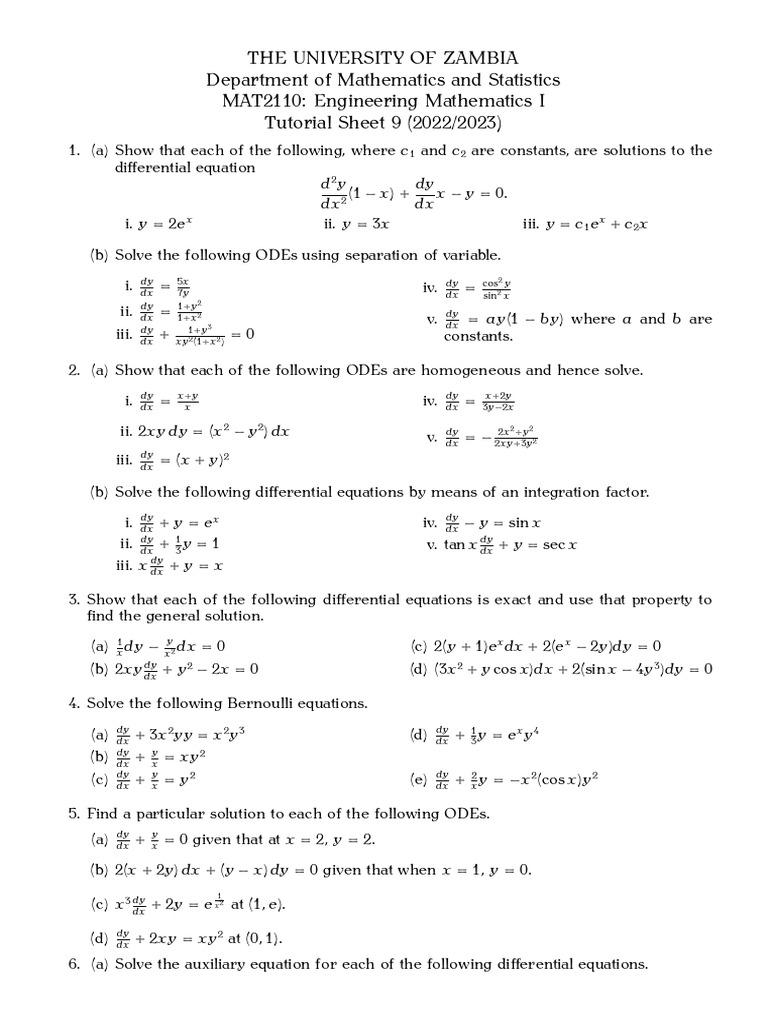 MAT2110 Tutorial Sheet 9 | PDF