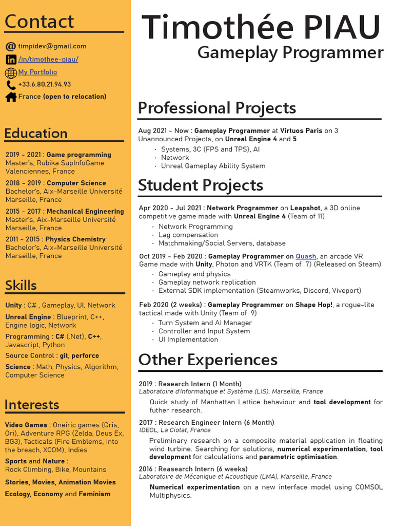 Timothée Piau: Gameplay Programmer Resume | PDF