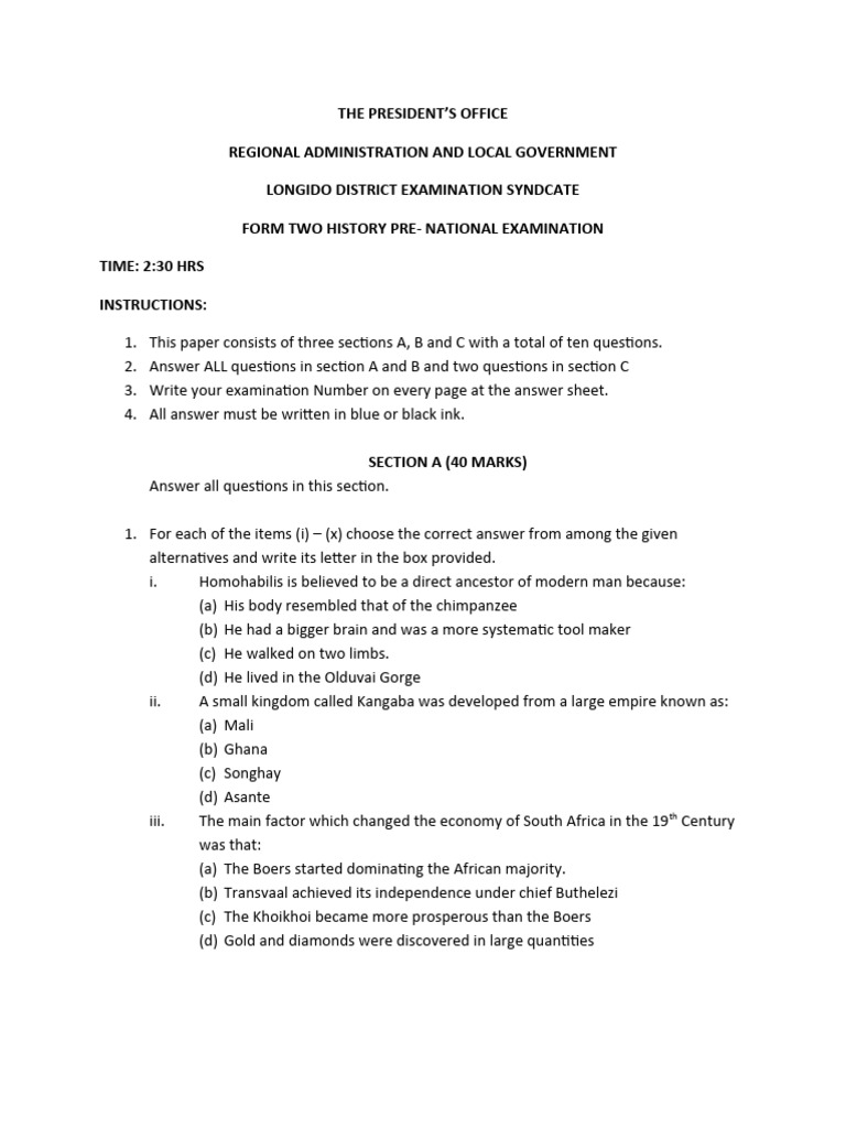 History Pre - National Examination | PDF | East Africa | Africa