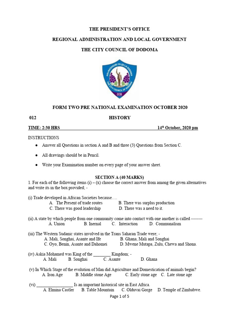 History Form Two Pre National Exam | PDF