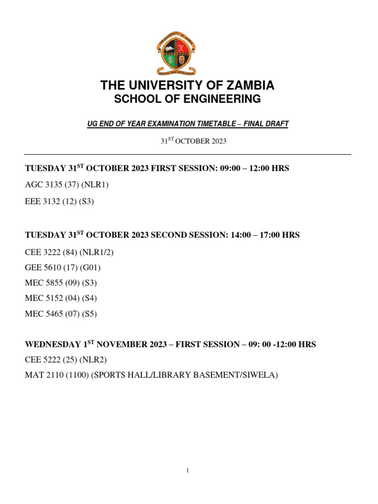 Final Draft Ug End of Year Examination Timetable (2023) | PDF