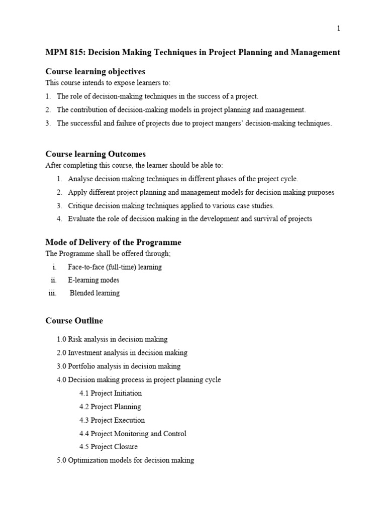 MPM 815 Course Outline 2022 | PDF