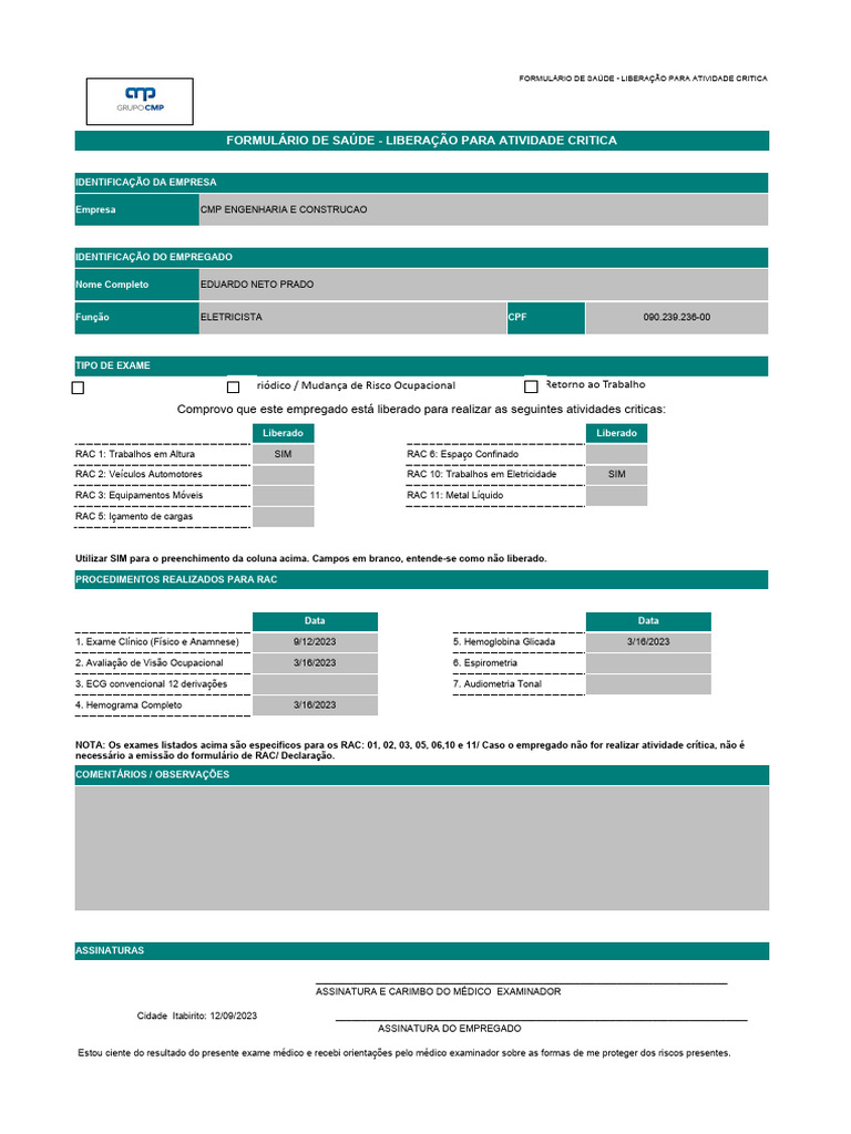 Anexo 05 - Formulario de Saude Rac | PDF