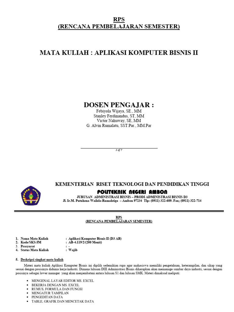 RPS Aplikasi Komputer Bisnis 2 | PDF