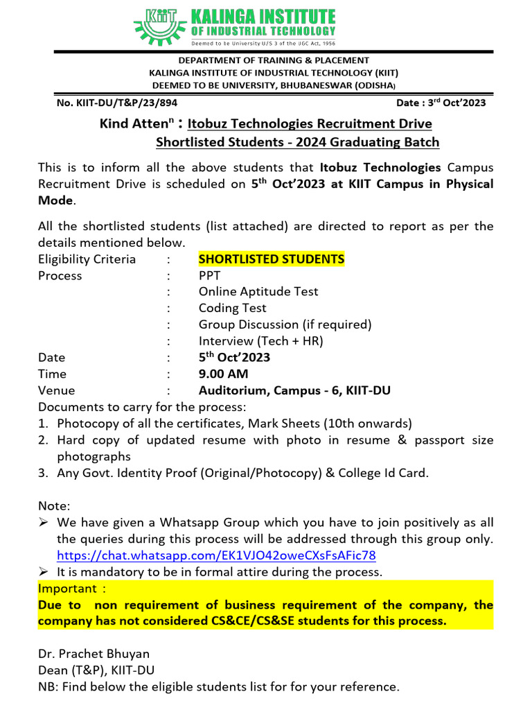 Itobuz Technologies Recruitment Drive On 5th Oct 23 2024 Graduating Batch Pdf