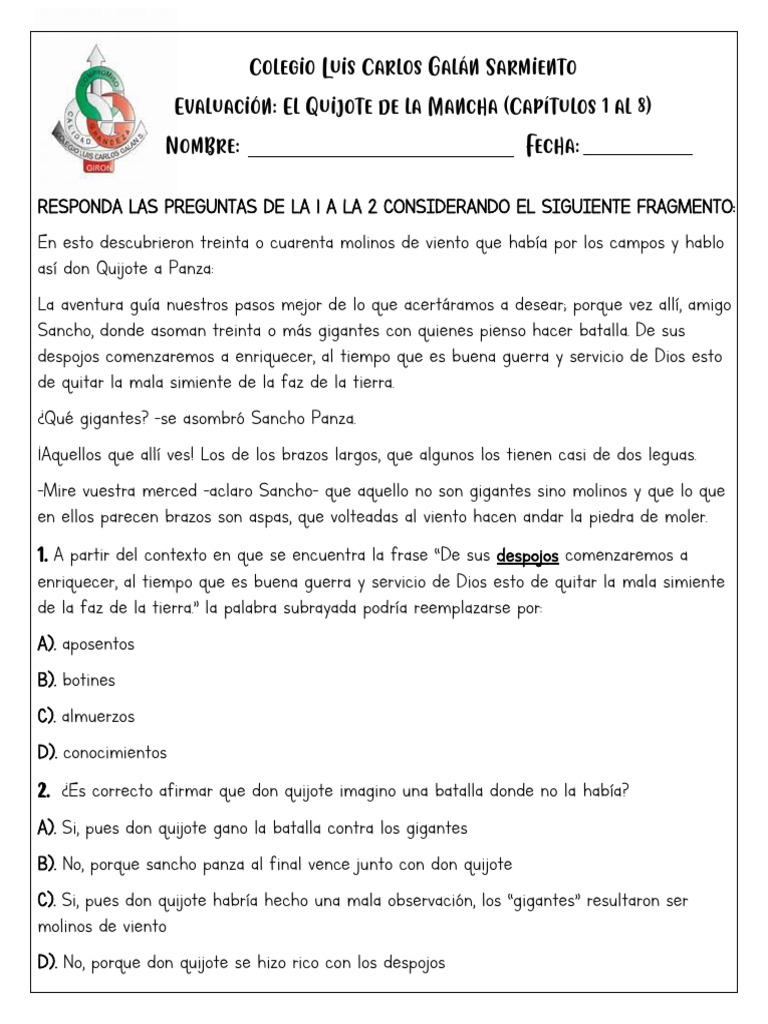 Evaluacion Quijote 2.0 | PDF | Don Quijote