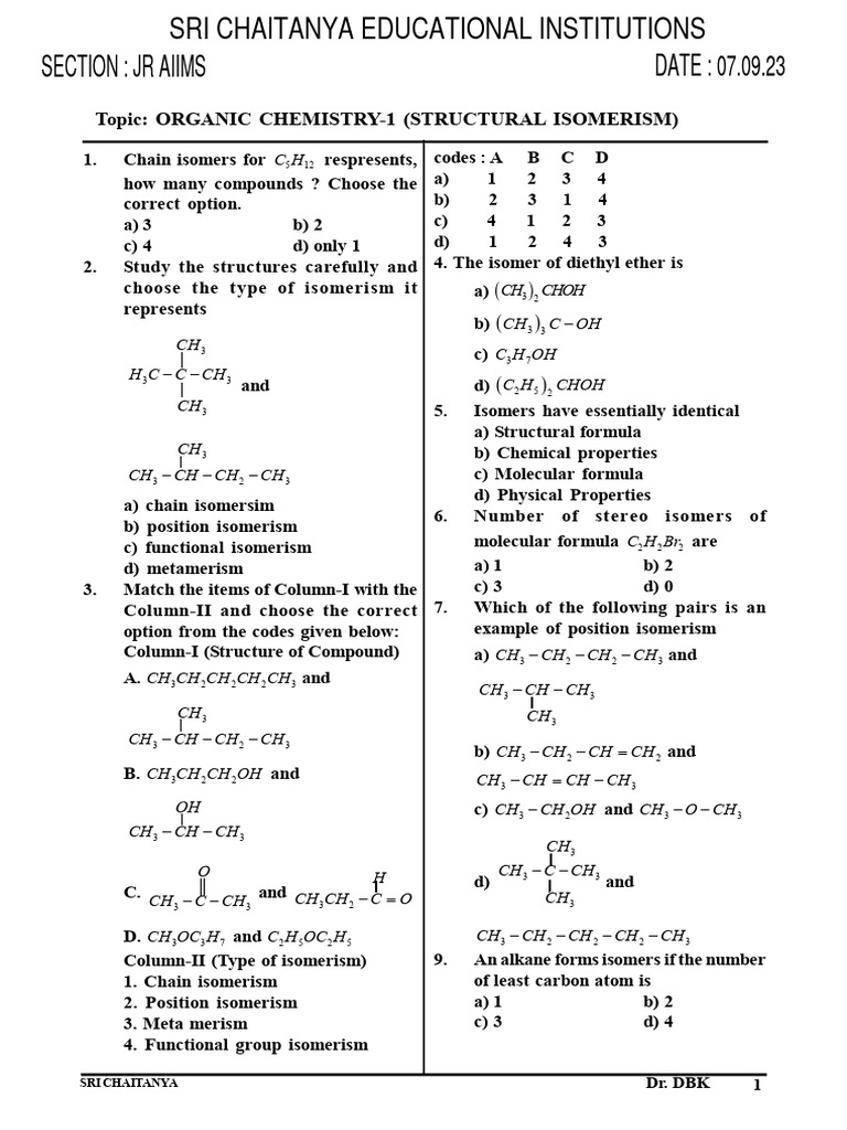 STRUCTURAL ISOMERISM - PAPER - CHEMSITRY - | PDF | Isomer | Stereochemistry