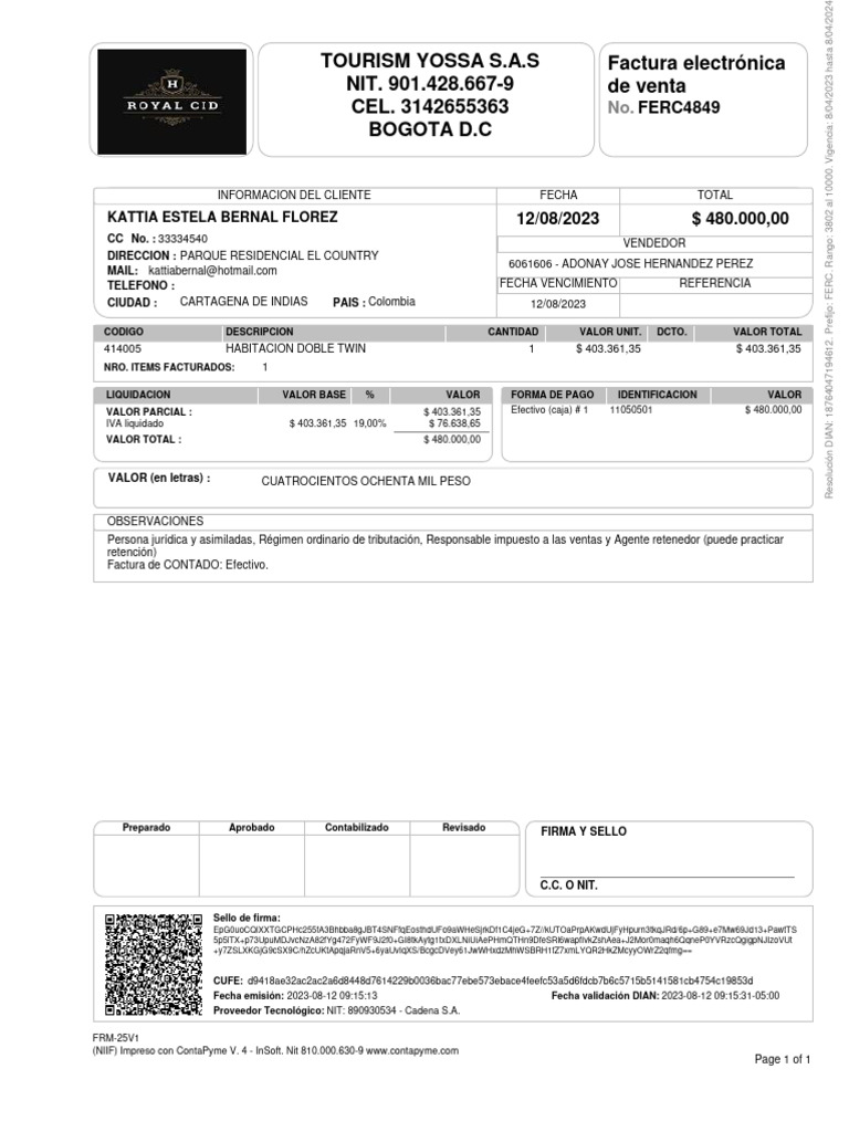 Factura Hotel | PDF | Pagos | Servicios (economía)