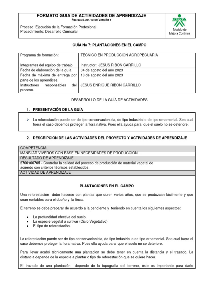 Guia 7 Plantaciones En El Campo Sofia 1 Pdf Suelo Siembra