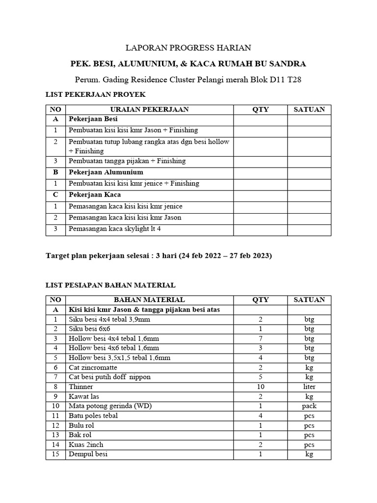 Laporan Progres Harian KLP Gading Fix | PDF