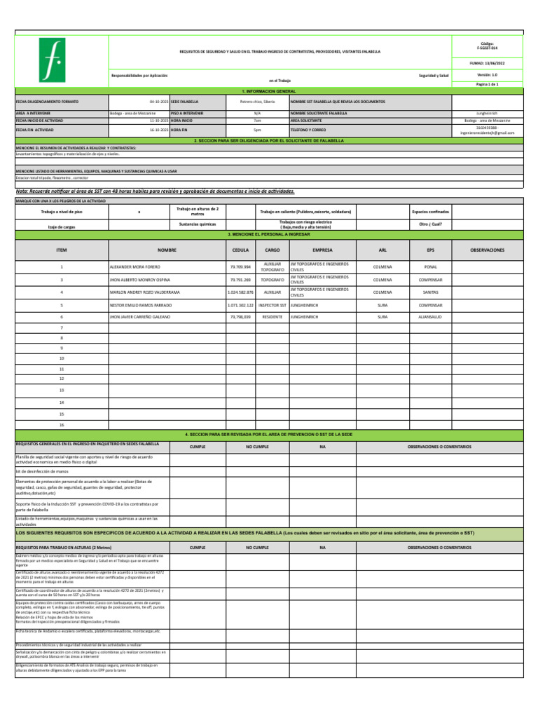 Requisitos de Sst Ingreso de Contratista | PDF | Sector secundario de la economía | Materiales