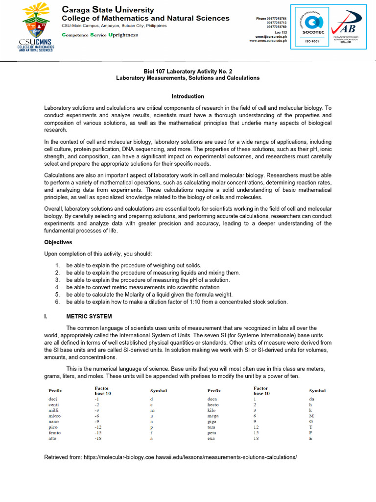 Exer 2 - Laboratory Measurements, Solutions and Calculations | PDF ...