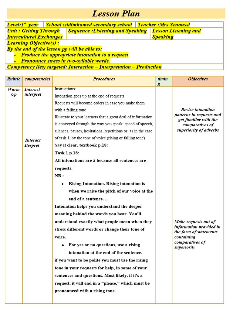 Lesson Plan 1-Unit1-L2 | PDF | Stress (Linguistics) | Word