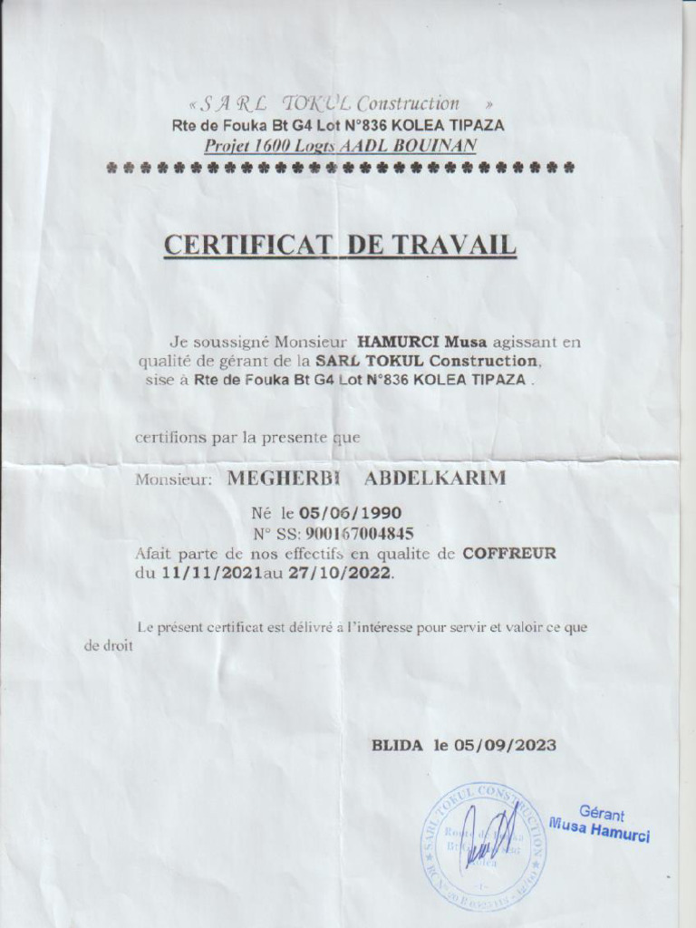 CERTIFICAT DE TRAVAIL | PDF
