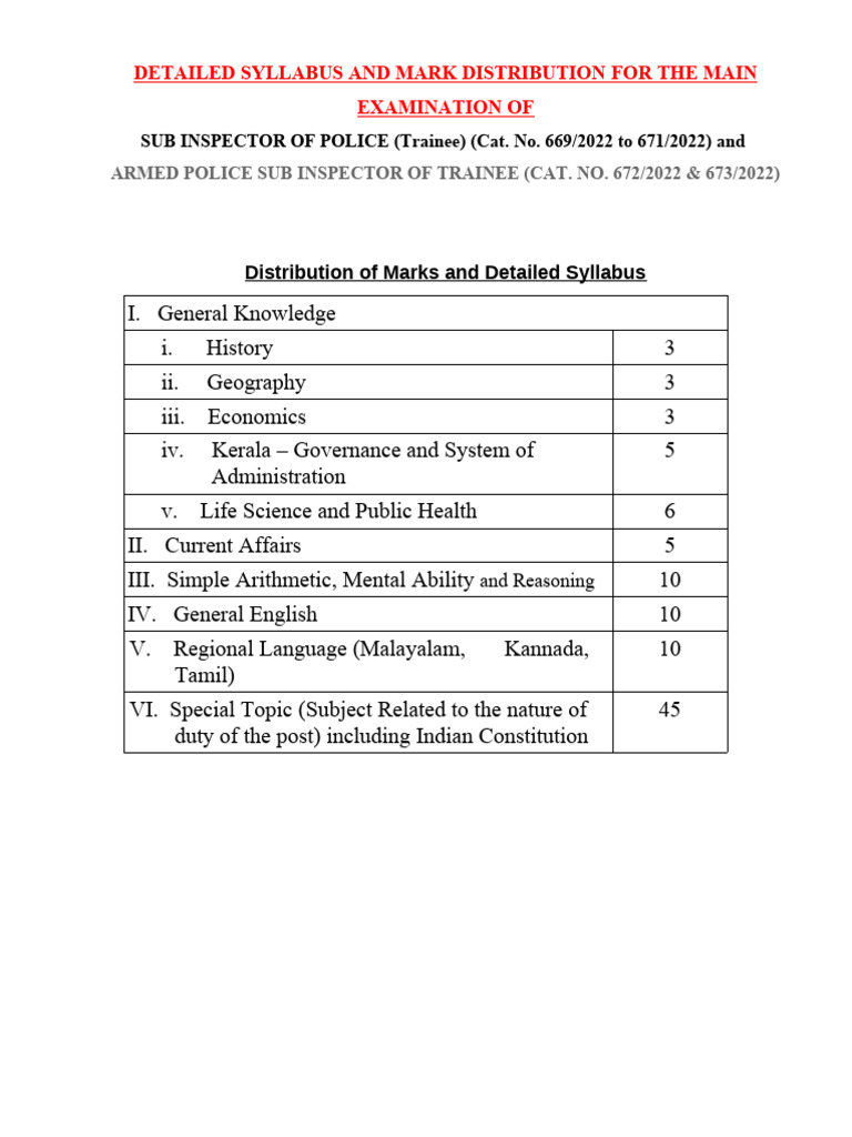 Si of Police Main Exam Syllabus | PDF | Arrest | Kidnapping